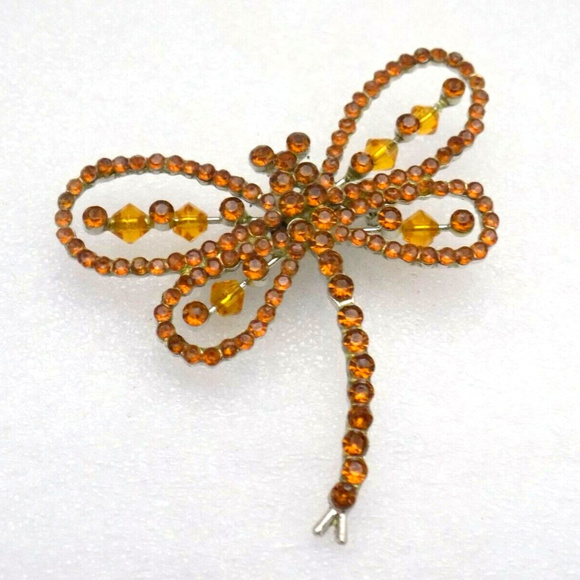 Vintage | Jewelry | Vintage Amber Rhinestone Dragonfly Brooch Pin Bug ...